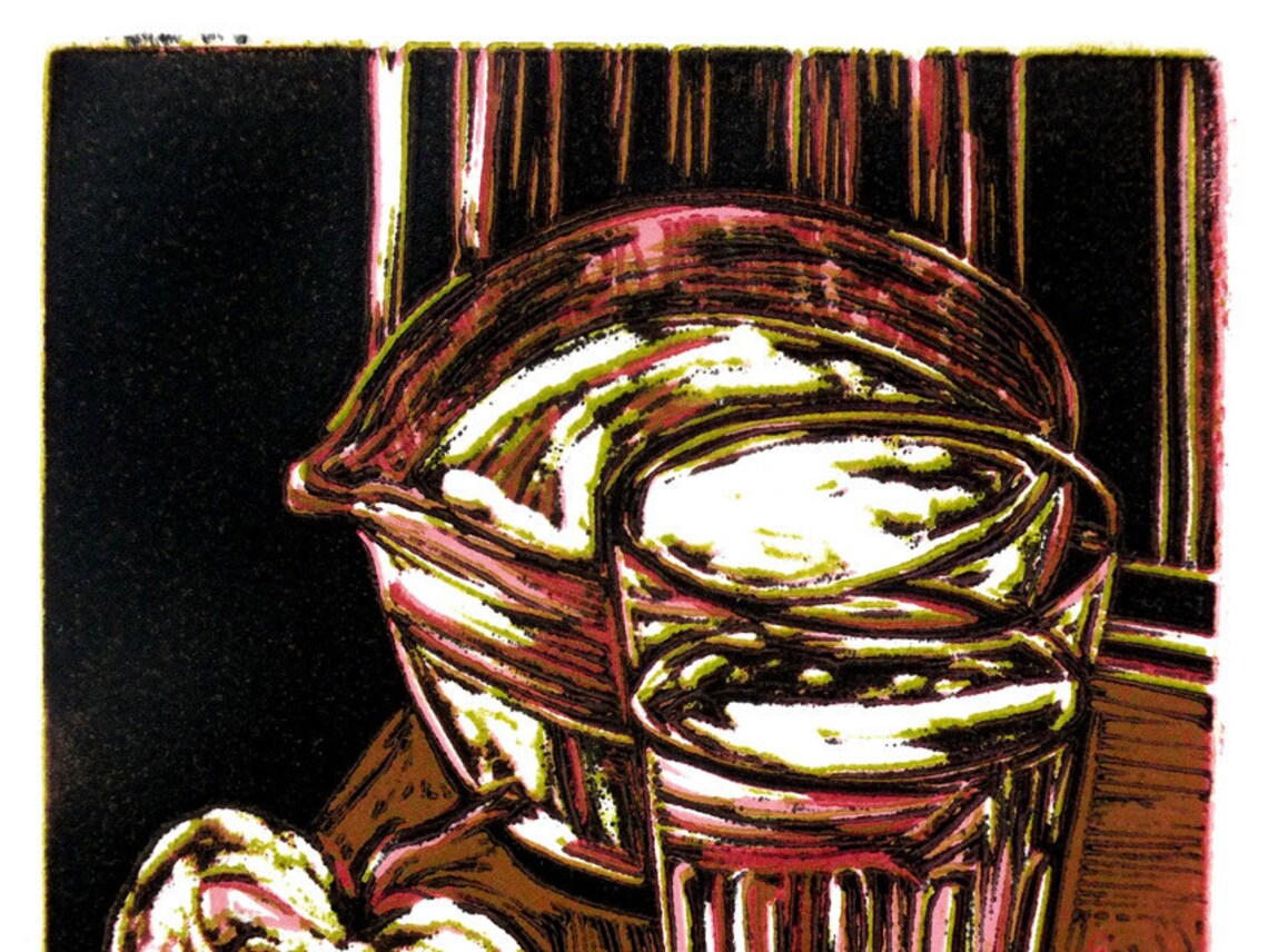 Still Life Linocut in Pink and Green. Hand Printed Limited - Etsy