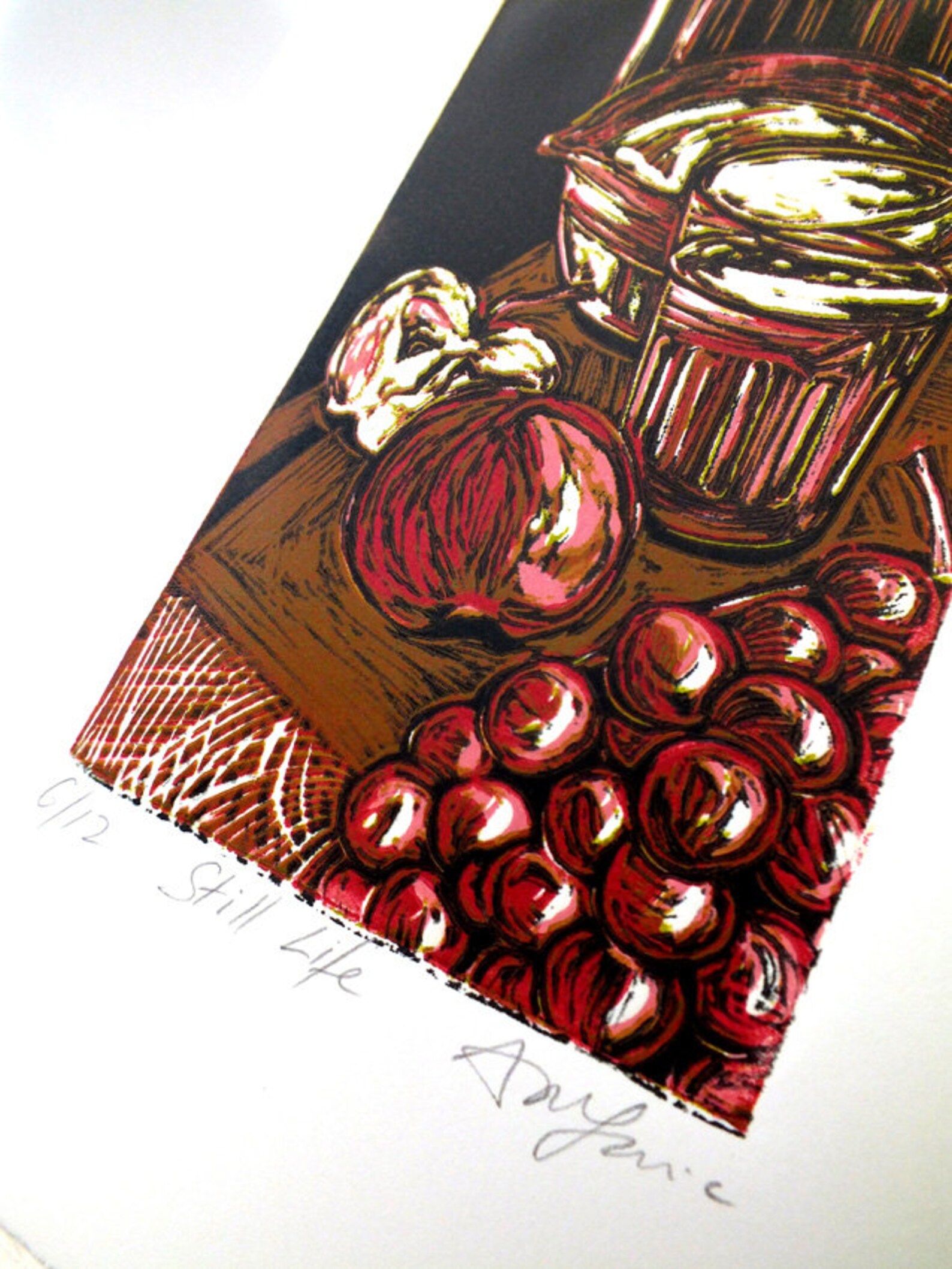 Still Life Linocut in Pink and Green. Hand Printed Limited - Etsy