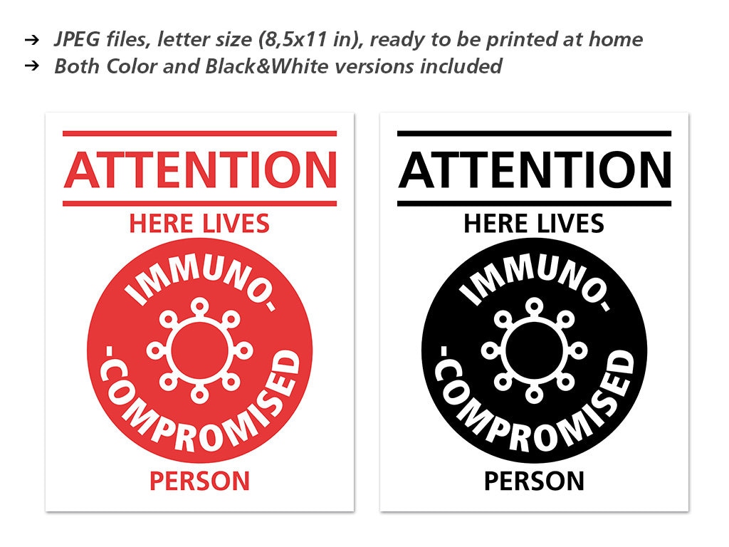 Immunocompromised Sign: Printable JPEG Files. Color and B&W Versions ...