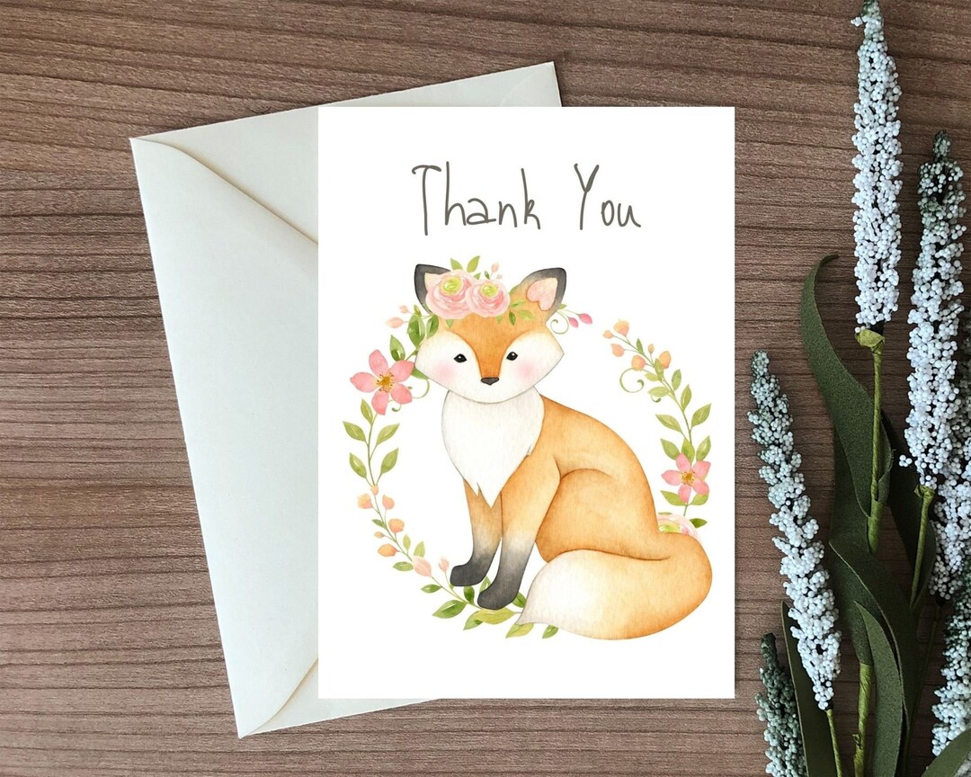 Printable Woodland Animals Thank You Card, Watercolor Fox Thank You ...