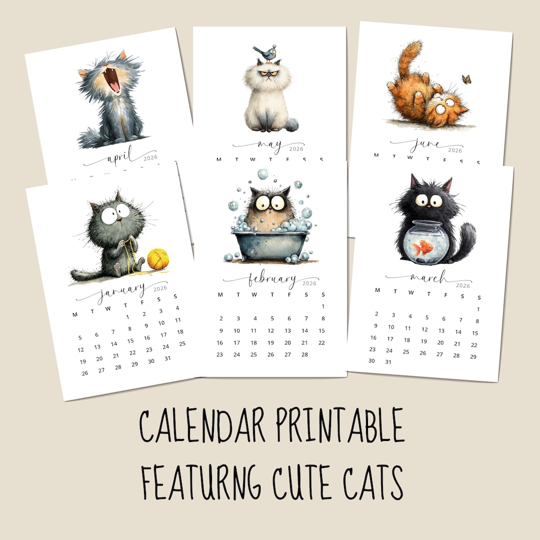 Printable Cat Desk Calendar 2026, Watercolor Mini Calendar, 4x6 Inches ...
