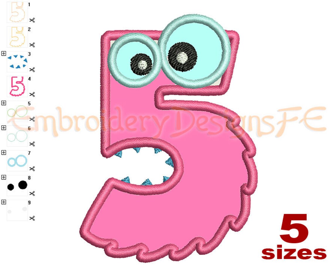 Monster Number 5 Applique Design 5 Sizes Machine | Etsy