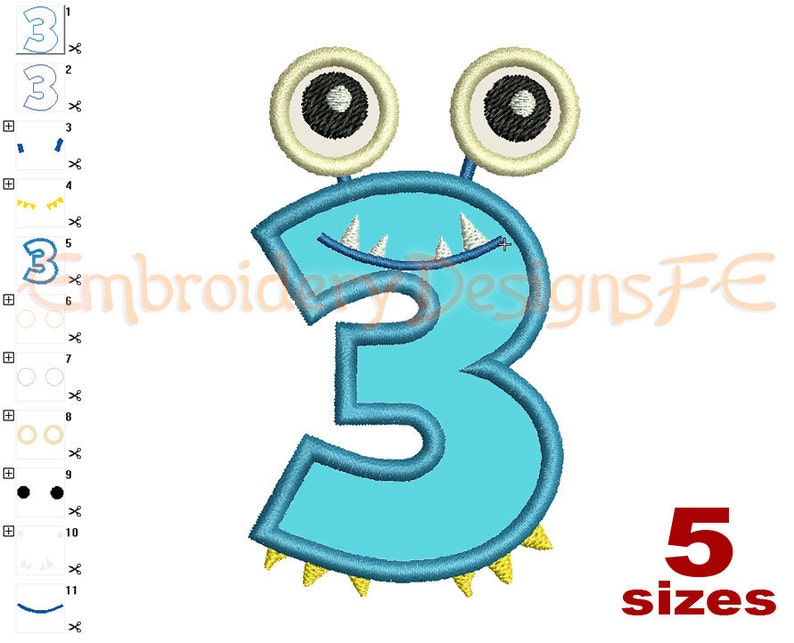 Monster Number 3 Applique Design 5 Sizes Machine - Etsy