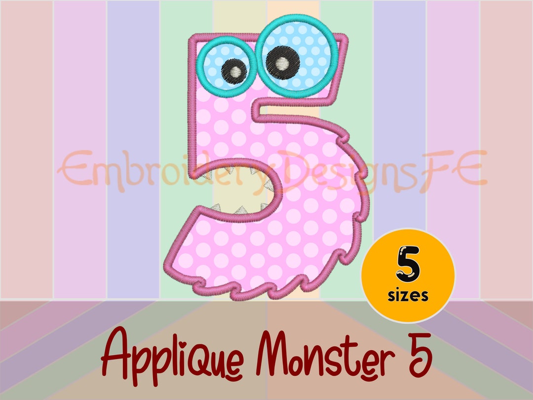 Monster Number 5 Applique Design - 5 Sizes - Machine Embroidery Design ...