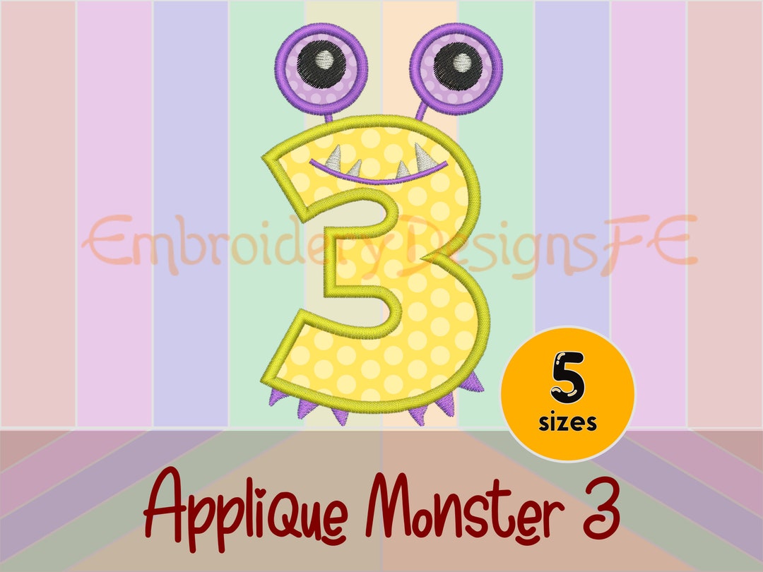 Monster Number 3 Applique Design - 5 Sizes - Machine Embroidery Design ...