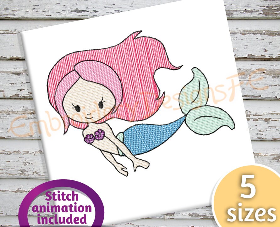 Mermaid Sketch Embroidery Design 5 Sizes 4 5 6 7 8 | Etsy