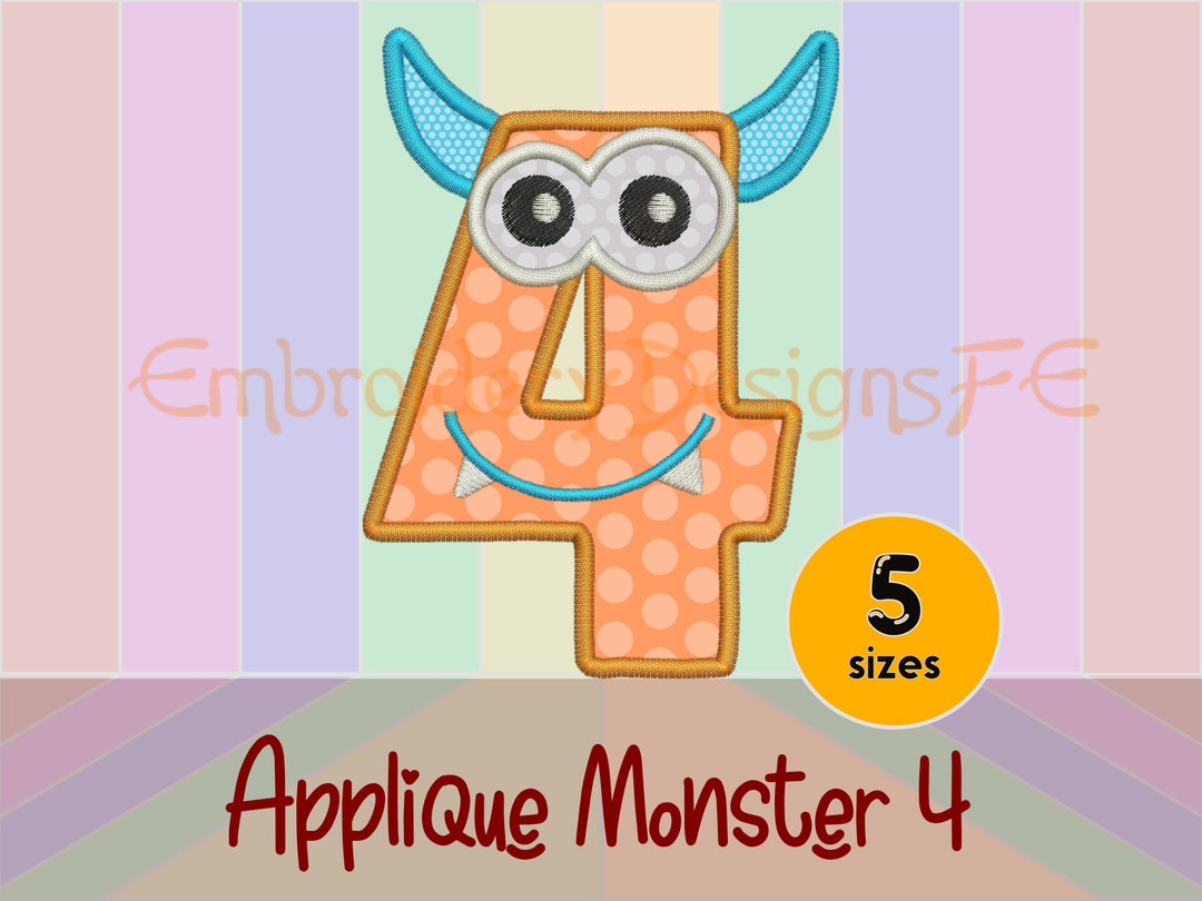 Monster Number 4 Applique Design - 5 Sizes - Machine Embroidery Design ...
