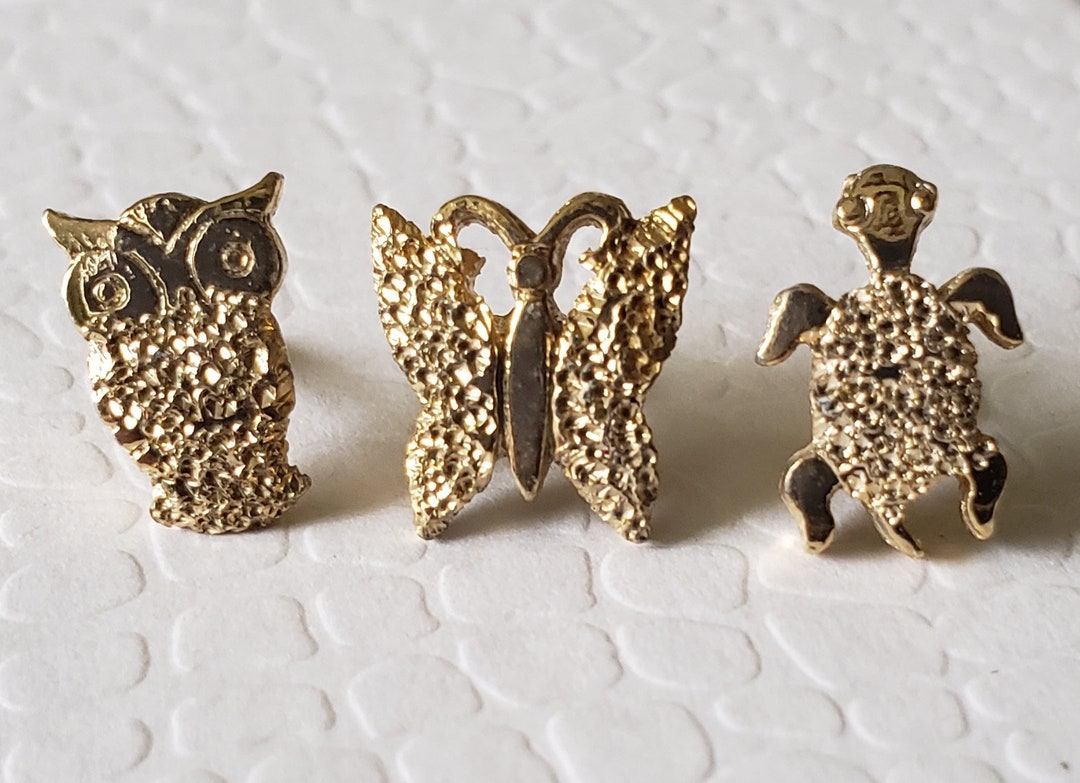 Vintage Owl, Butterfly & Turtle Lapel Pins! LOT of 3! Ballou Reg'd Gold ...