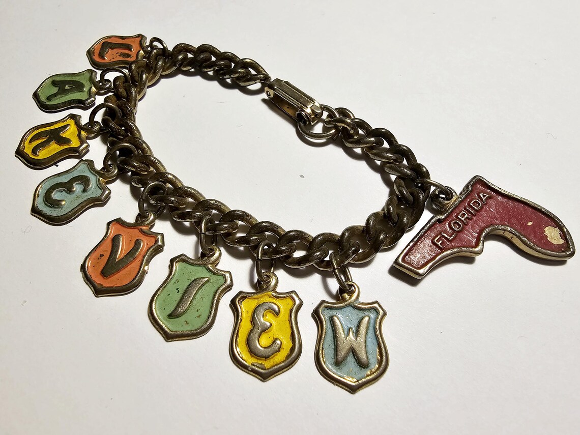 Vintage 1940s Florida Charm Bracelet, Travel Souvenir, Lake View Shield ...