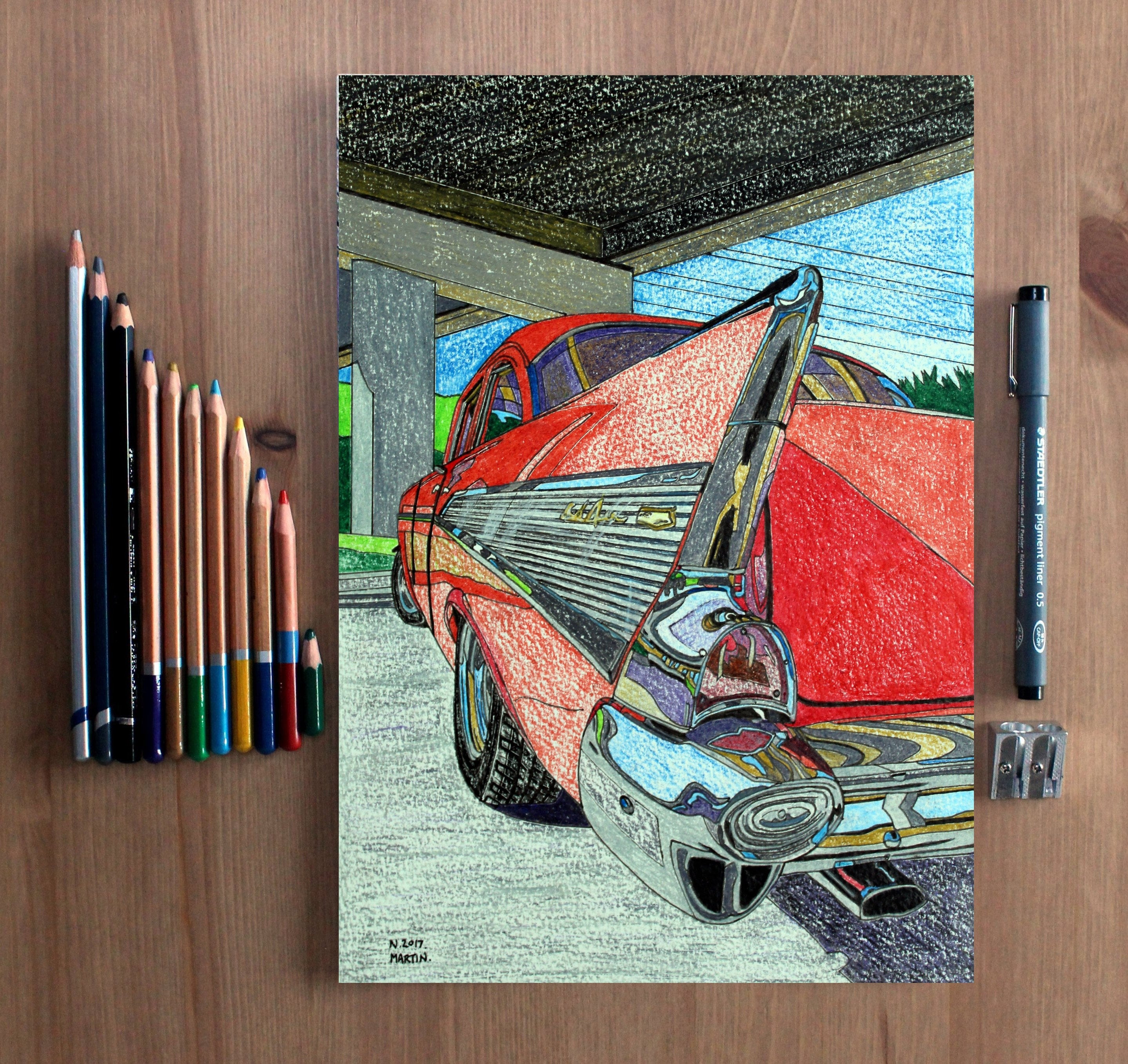 1957 Chevrolet / Chevy Bel Air Drawing, Tail Fin, Original A4 Size Hand ...