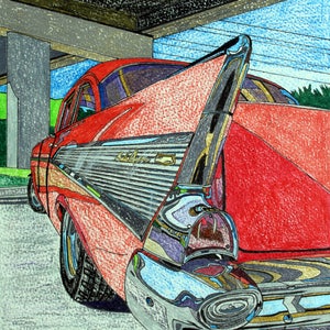 1957 Chevrolet / Chevy Bel Air Drawing, Tail Fin, Original A4 Size Hand ...
