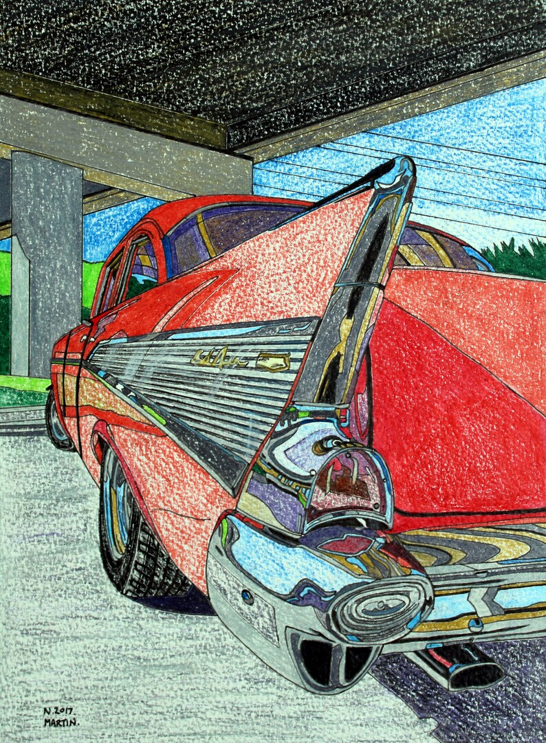 1957 Chevrolet / Chevy Bel Air Drawing, Tail Fin, Original A4 Size Hand ...