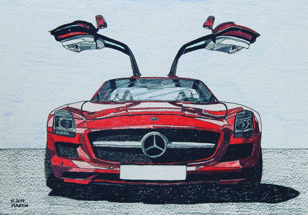 Mercedes SLS AMG Drawing, Original A4 Size Hand-drawn Drawing (not a ...