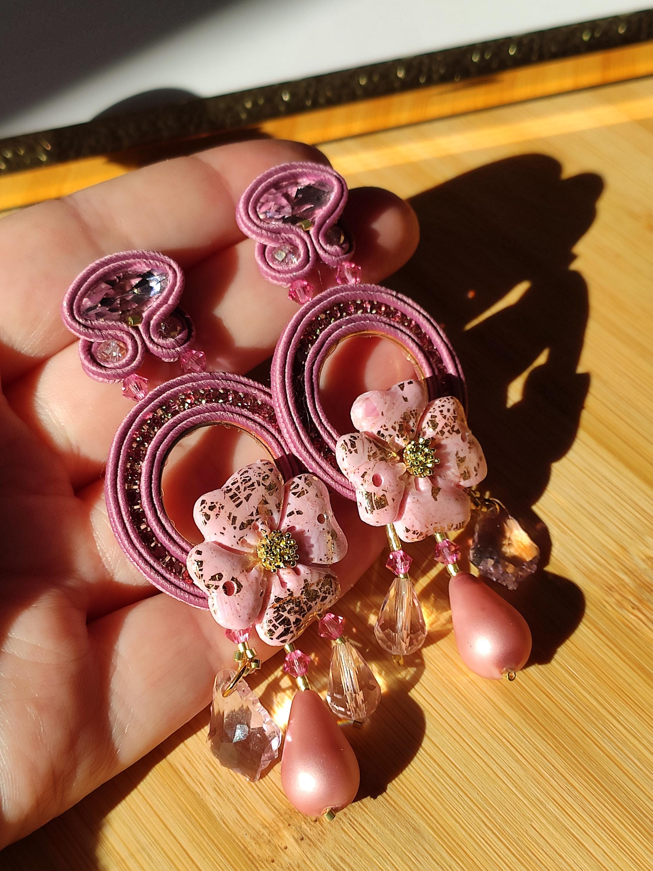 Pink Soutache Earrings With Flowers and Crystal Charms, Floral Bridal ...