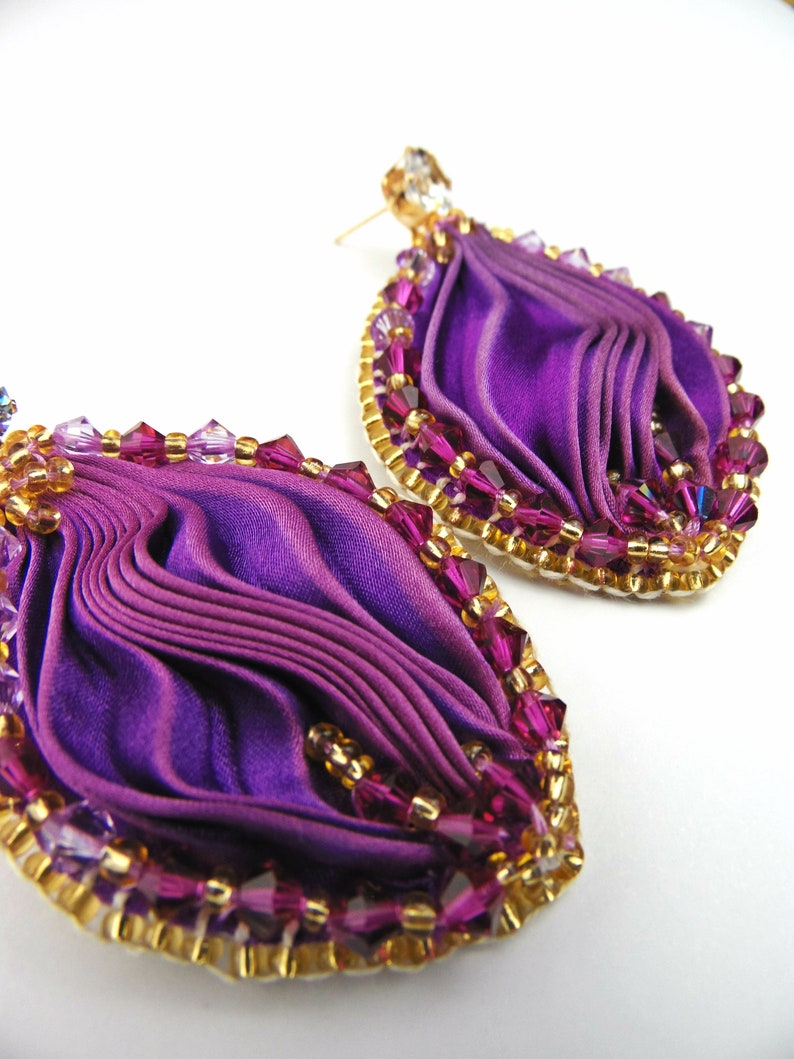 Purple Shibori Silk Earrings With Swarovski Crystals, Bridal Bollywood ...