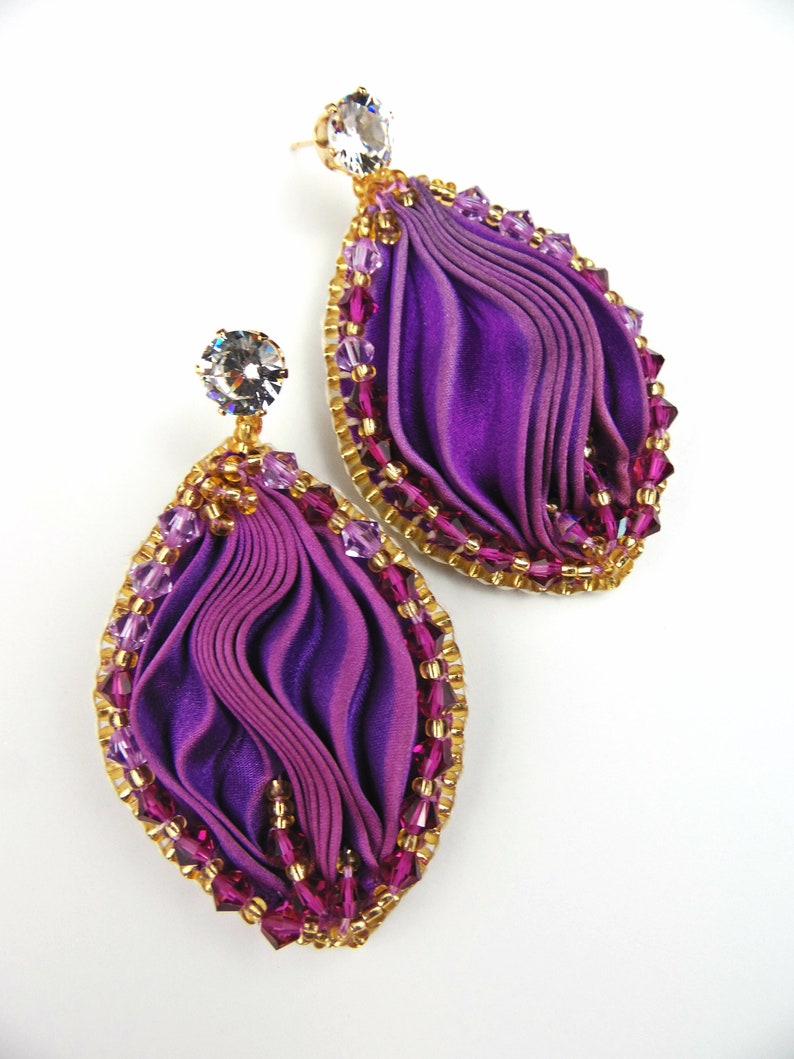 Purple Shibori Silk Earrings With Swarovski Crystals, Bridal Bollywood ...