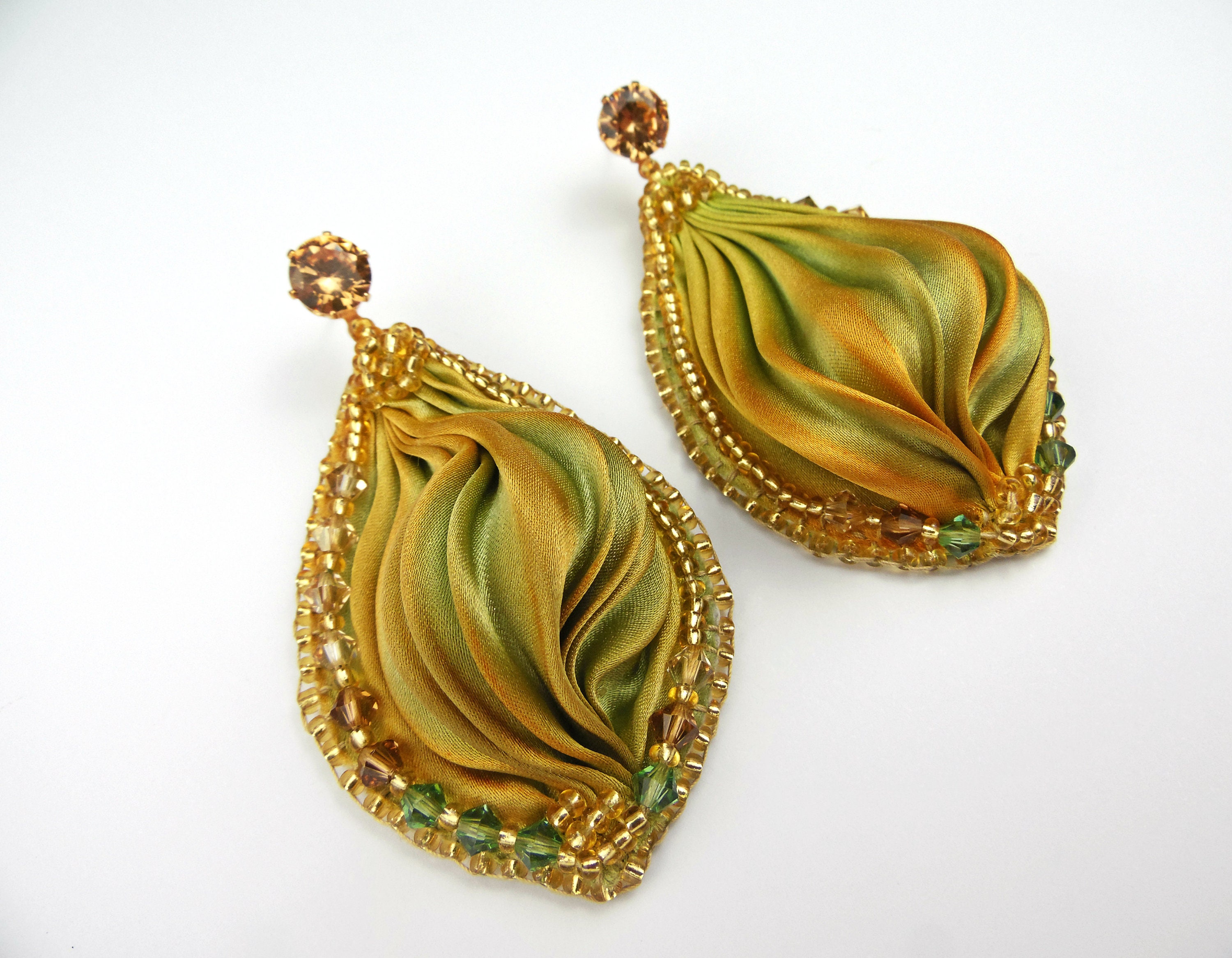 Green Shibori Silk Earrings With Embroidered Swarovski Crystals ...