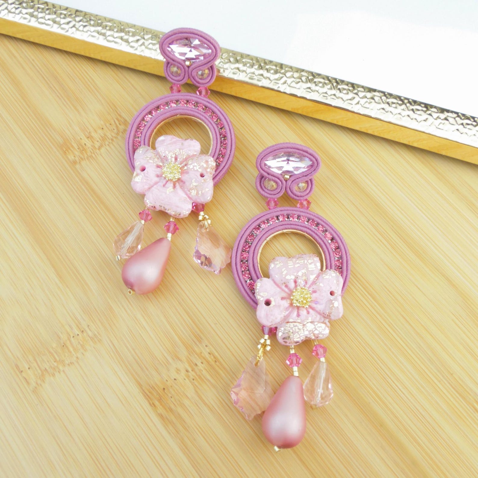 Pink Soutache Earrings With Flowers and Crystal Charms, Floral Bridal ...