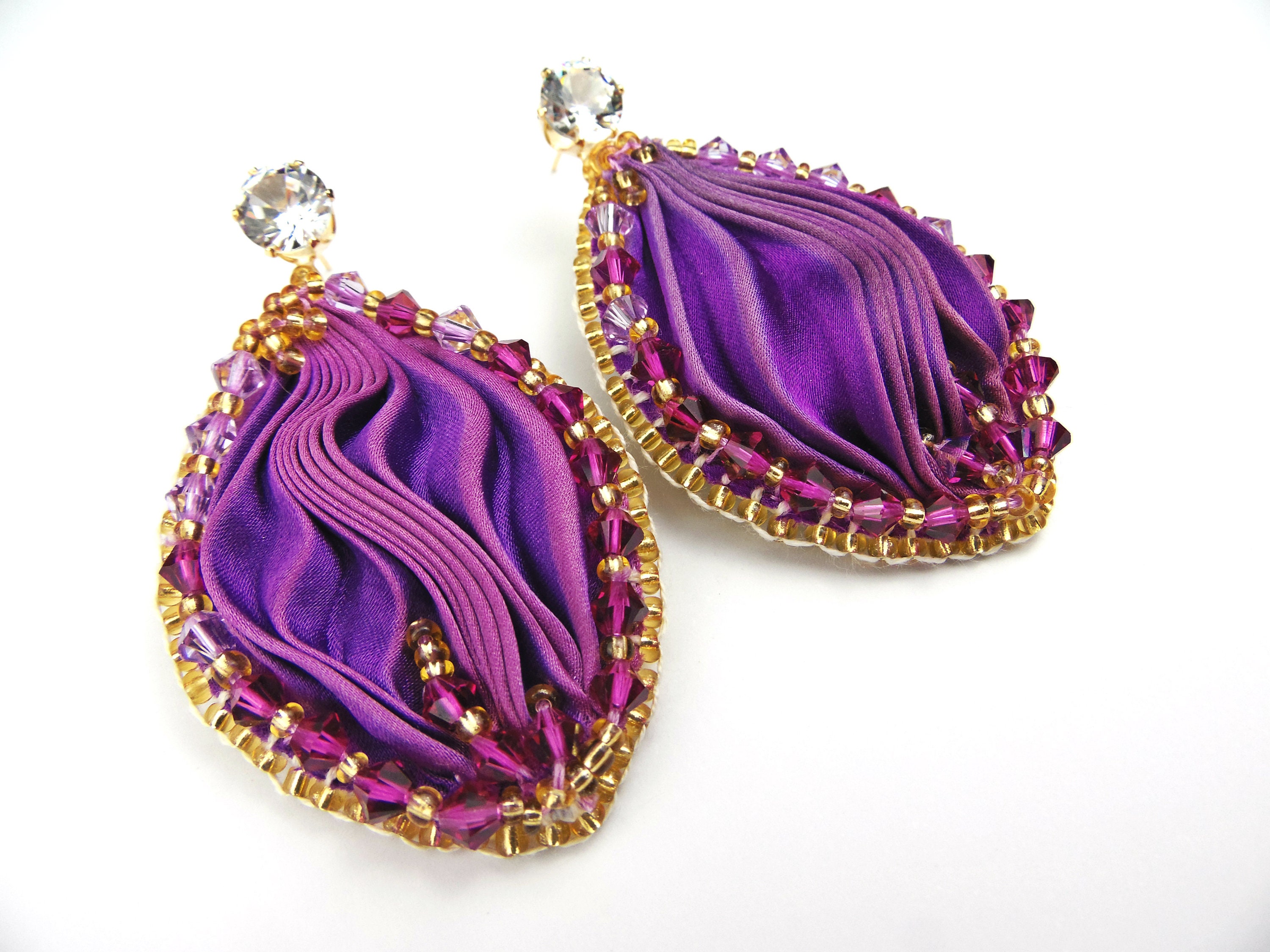 Purple Shibori Silk Earrings With Swarovski Crystals, Bridal Bollywood ...