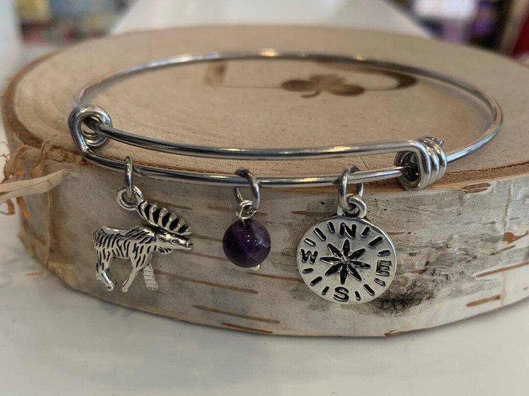 Adirondack Moose Bangle Mountain Moose, Gem Dangle, Compass Stainless ...