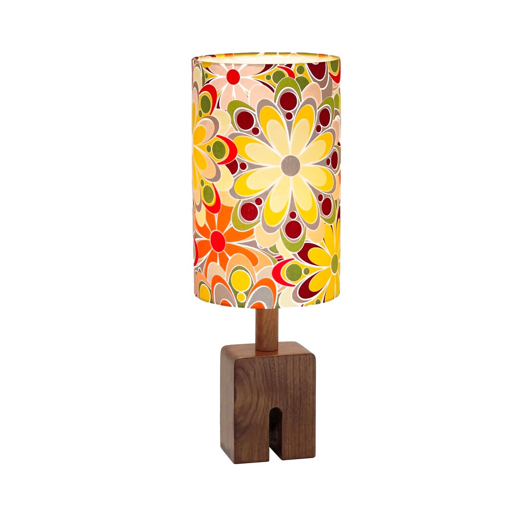 Flower Power Retro Table Lamp, 70's Print on Walnut Base - Etsy