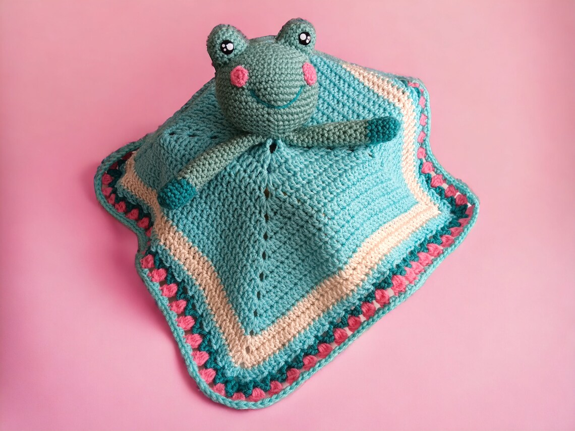 Crochet Frog Lovey: Handmade Security Blanket With Tulip Border. Baby ...
