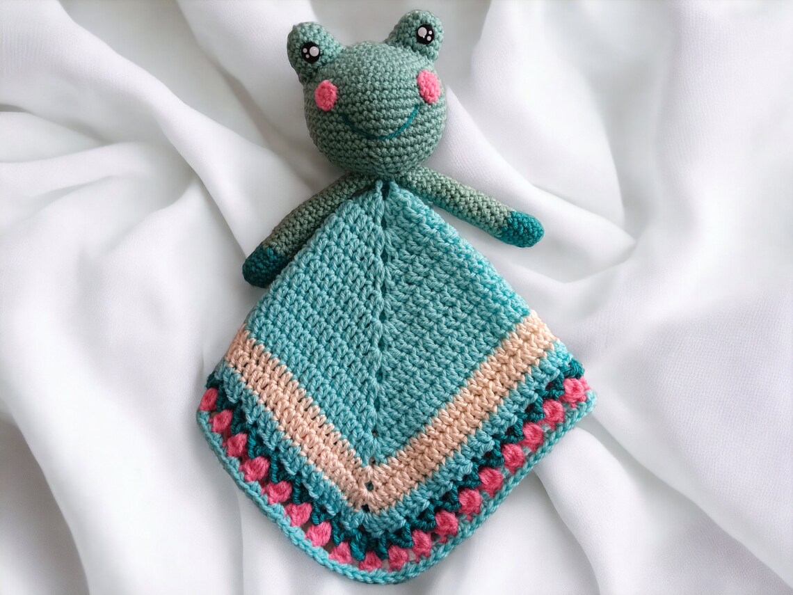 Crochet Frog Lovey: Handmade Security Blanket With Tulip Border. Baby ...