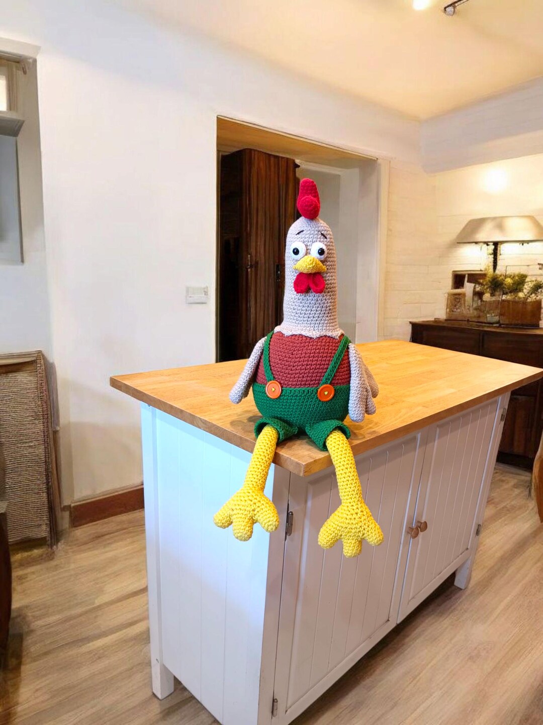 XL Rooster Plush Doll in Green Overalls – Farmhouse Kitchen Decor ...