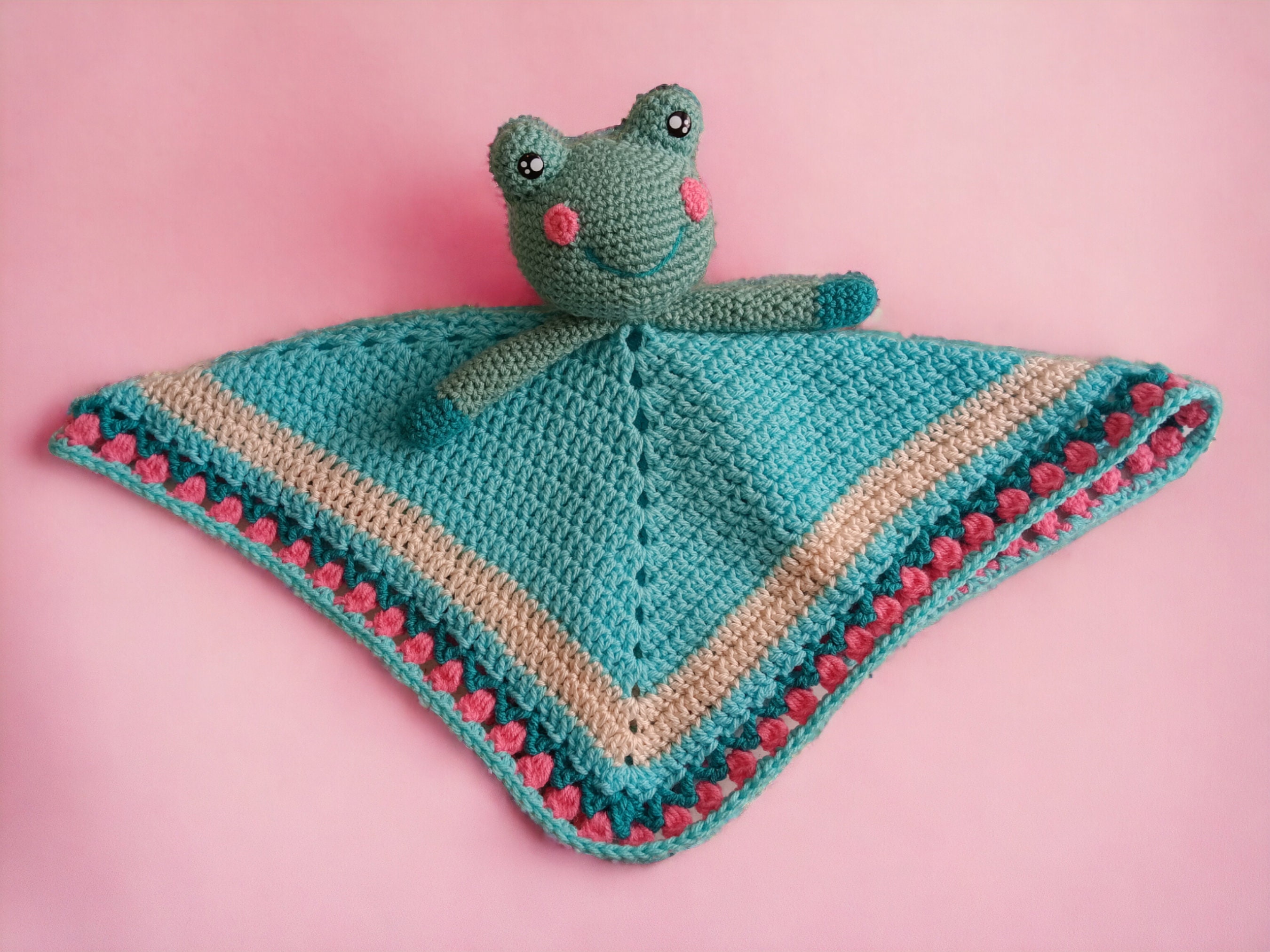Crochet Frog Lovey: Handmade Security Blanket With Tulip Border. Baby ...