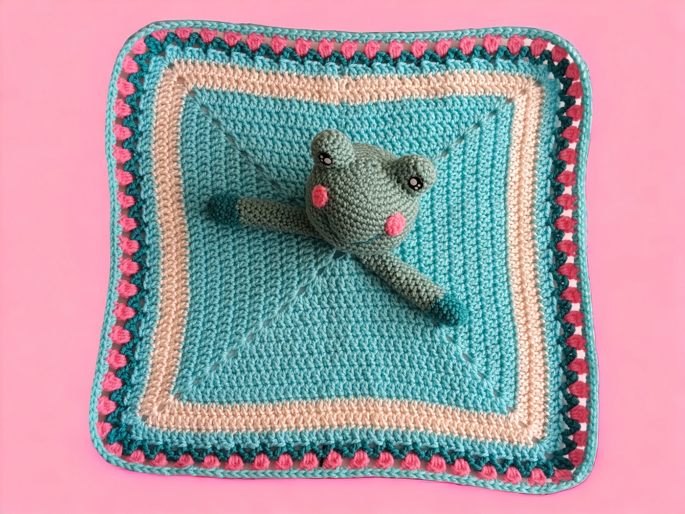 Crochet Frog Lovey: Handmade Security Blanket With Tulip Border. Baby ...