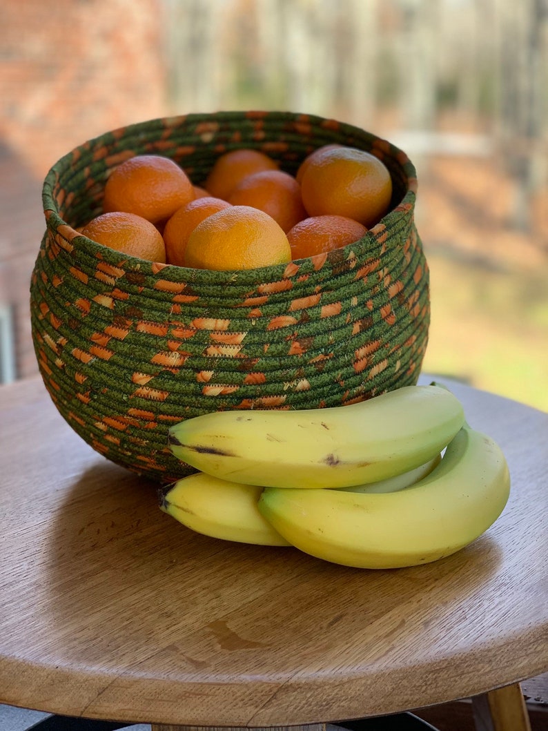 Fabric Wrapped Coiled Rope Basket, Fall Basket, Coiled Rope Wrapped ...