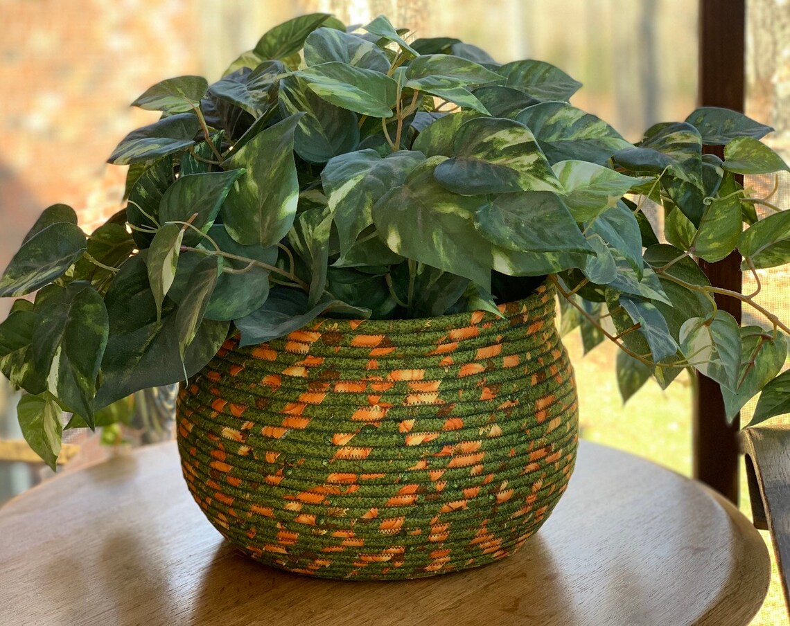 Fabric Wrapped Coiled Rope Basket, Fall Basket, Coiled Rope Wrapped ...