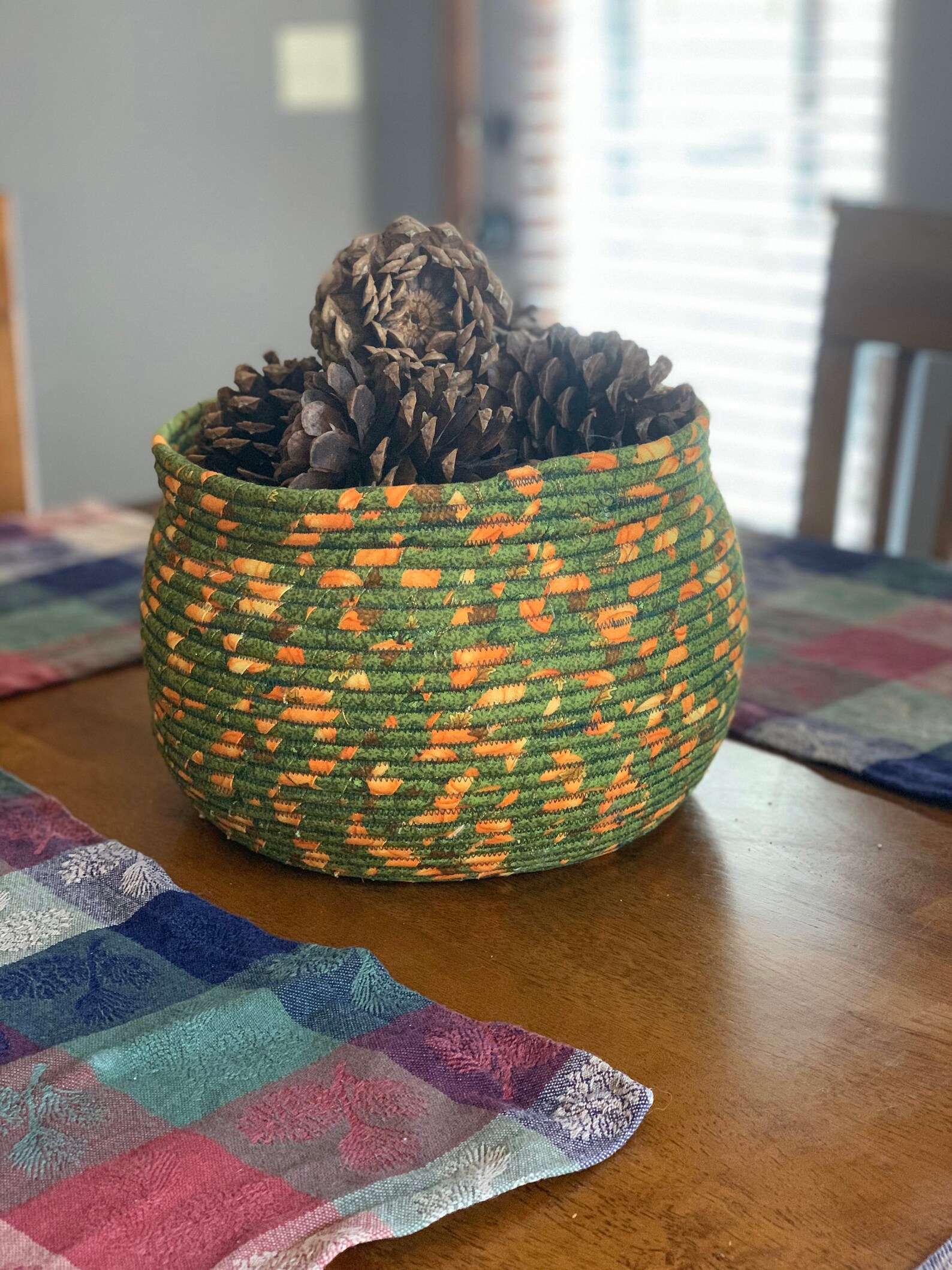 Fabric Wrapped Coiled Rope Basket, Fall Basket, Coiled Rope Wrapped ...