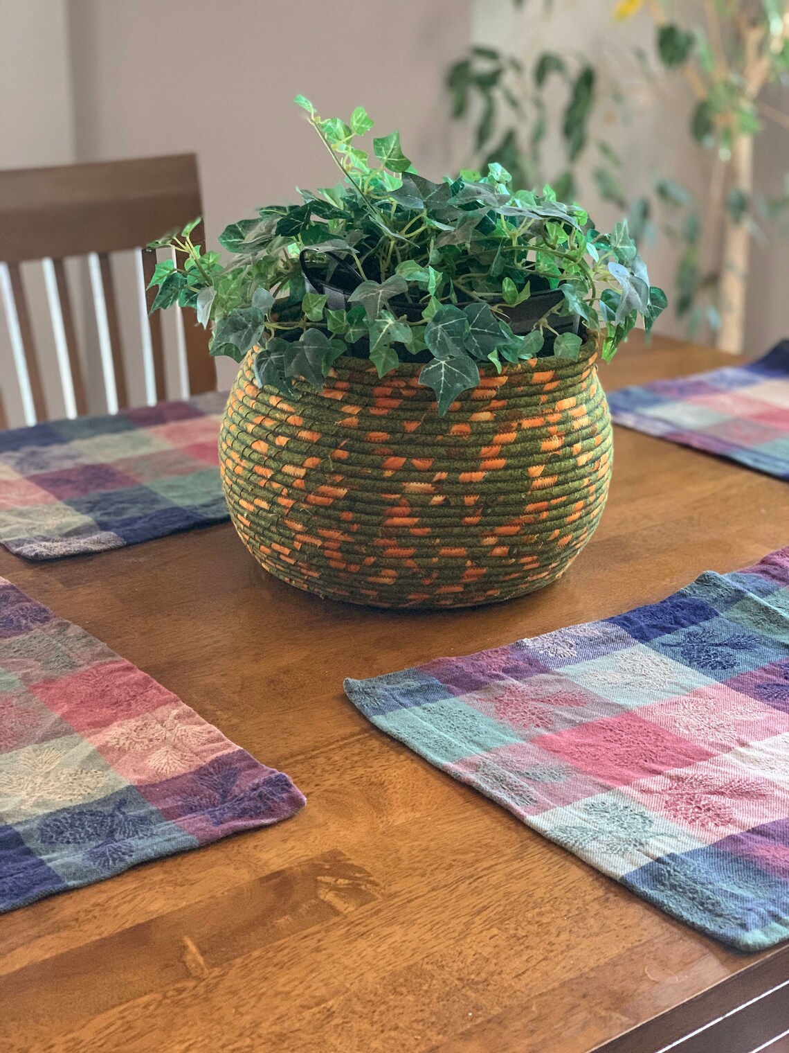 Fabric Wrapped Coiled Rope Basket, Fall Basket, Coiled Rope Wrapped ...