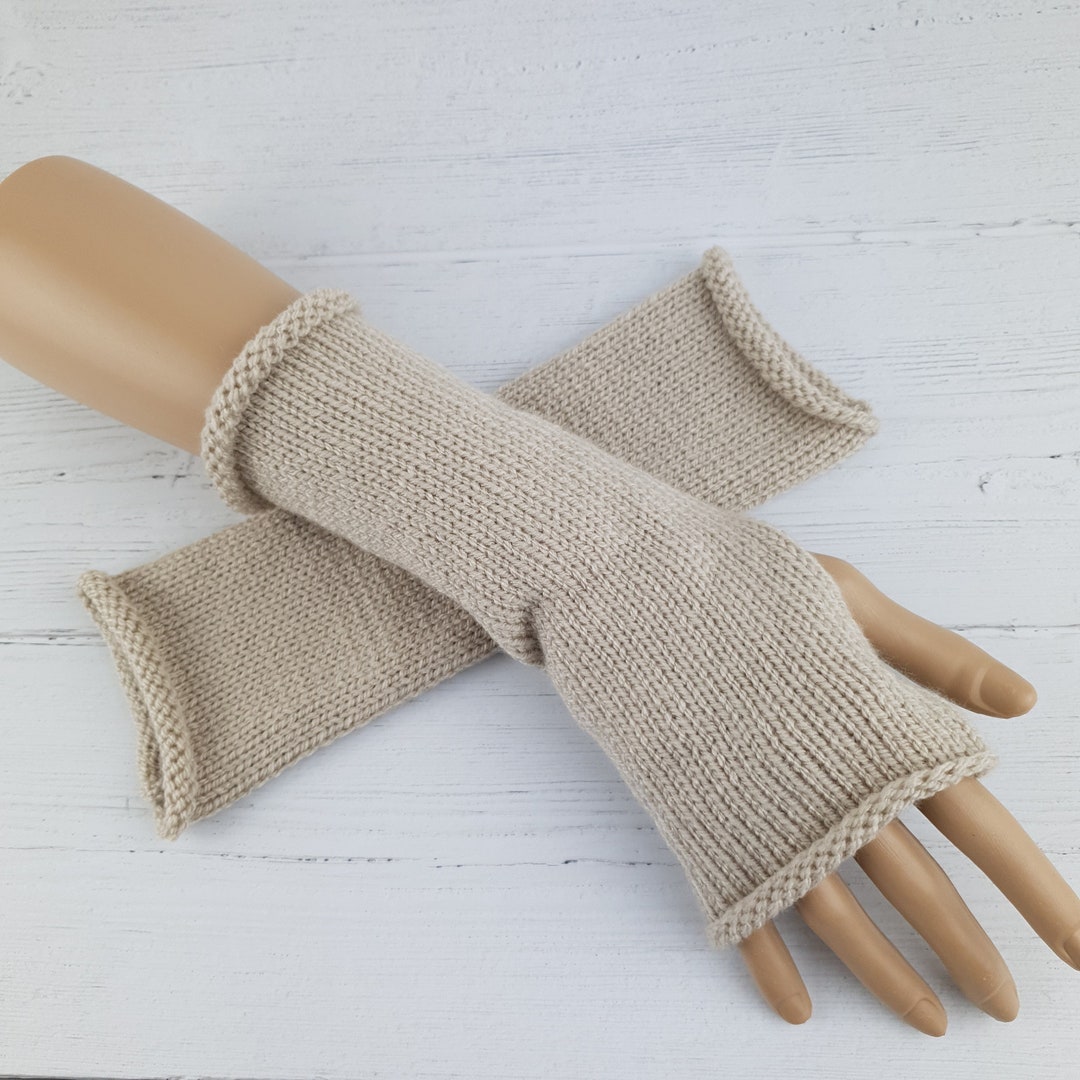 Beige Fingerless Gloves. Knitted Hand Warmers. Long Wrist Warmers - Etsy