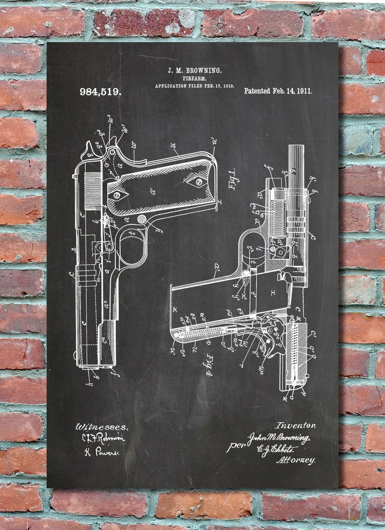 Browning Colt 45 1911 Handgun Wall Art, Patent Print, Blueprint, Patent ...