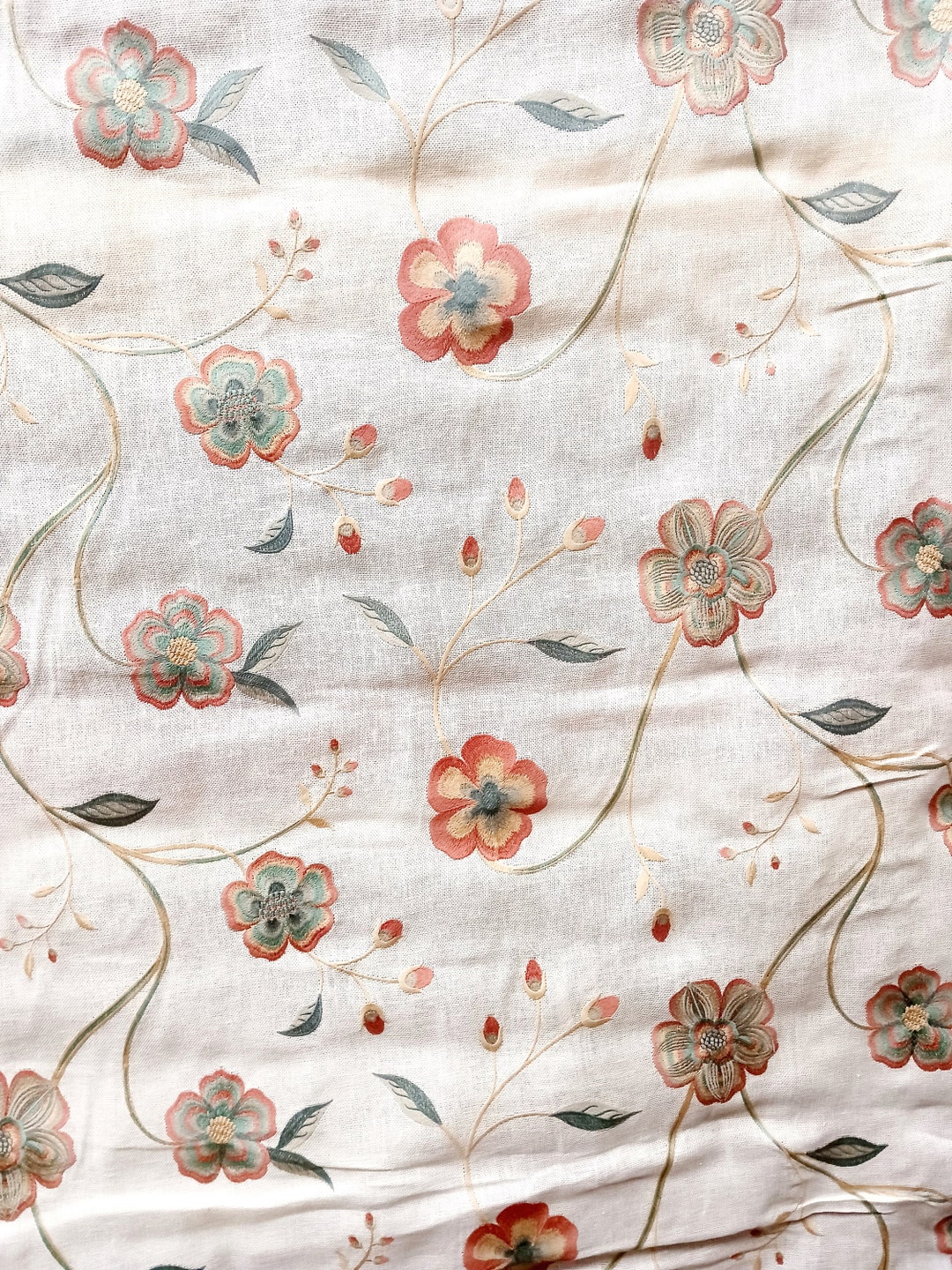 Floral Linen Summer Garden White Multicolor Embroided 58" Sold by the ...