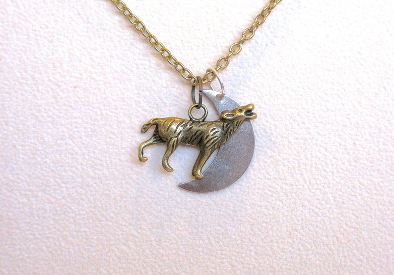 Howling Wolf Necklace, Antique Brass Moon Charm, Halloween Jewelry - Etsy