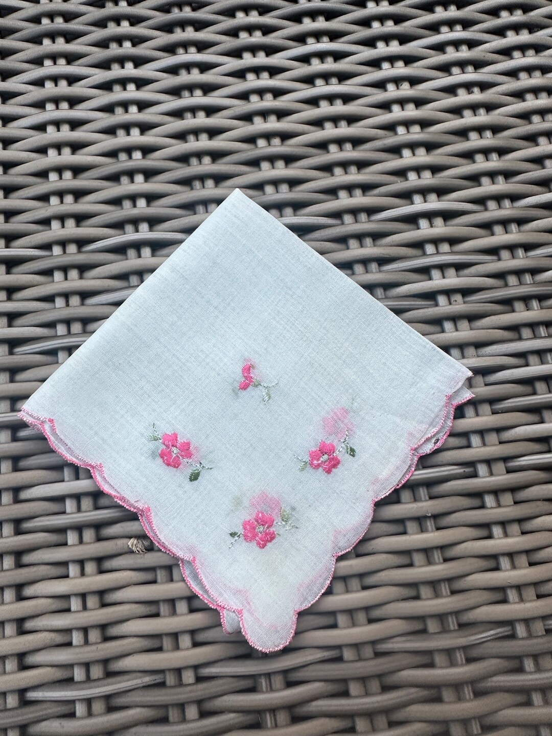 Vintage White Handkerchief With Pink Embroidered Floral Design - Etsy