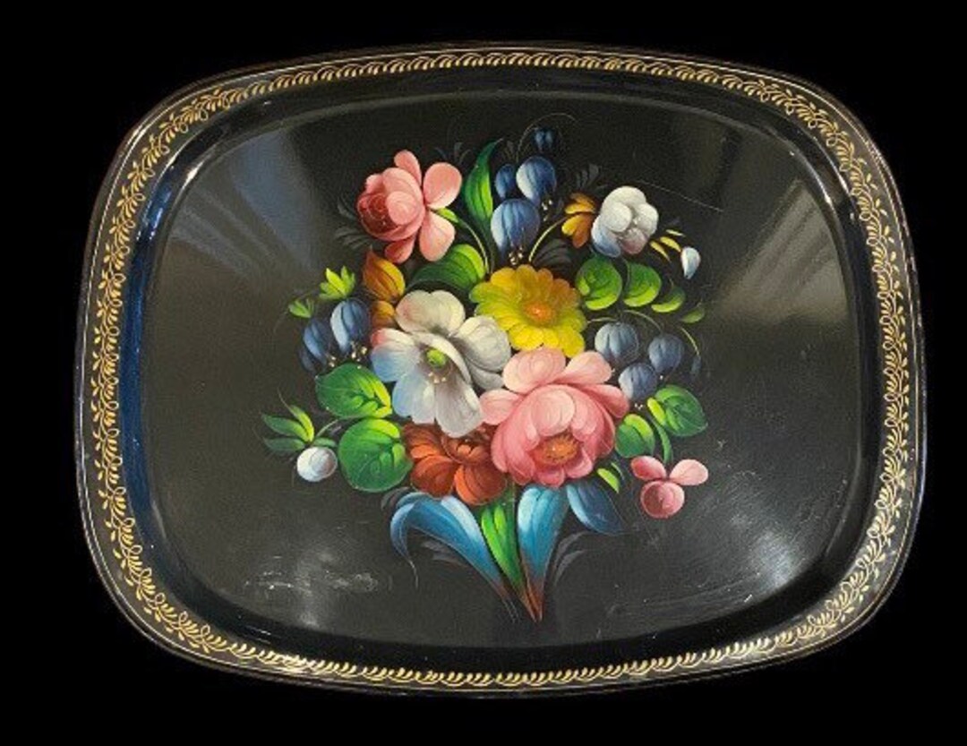 Large Floral Black Toile Tray - Etsy