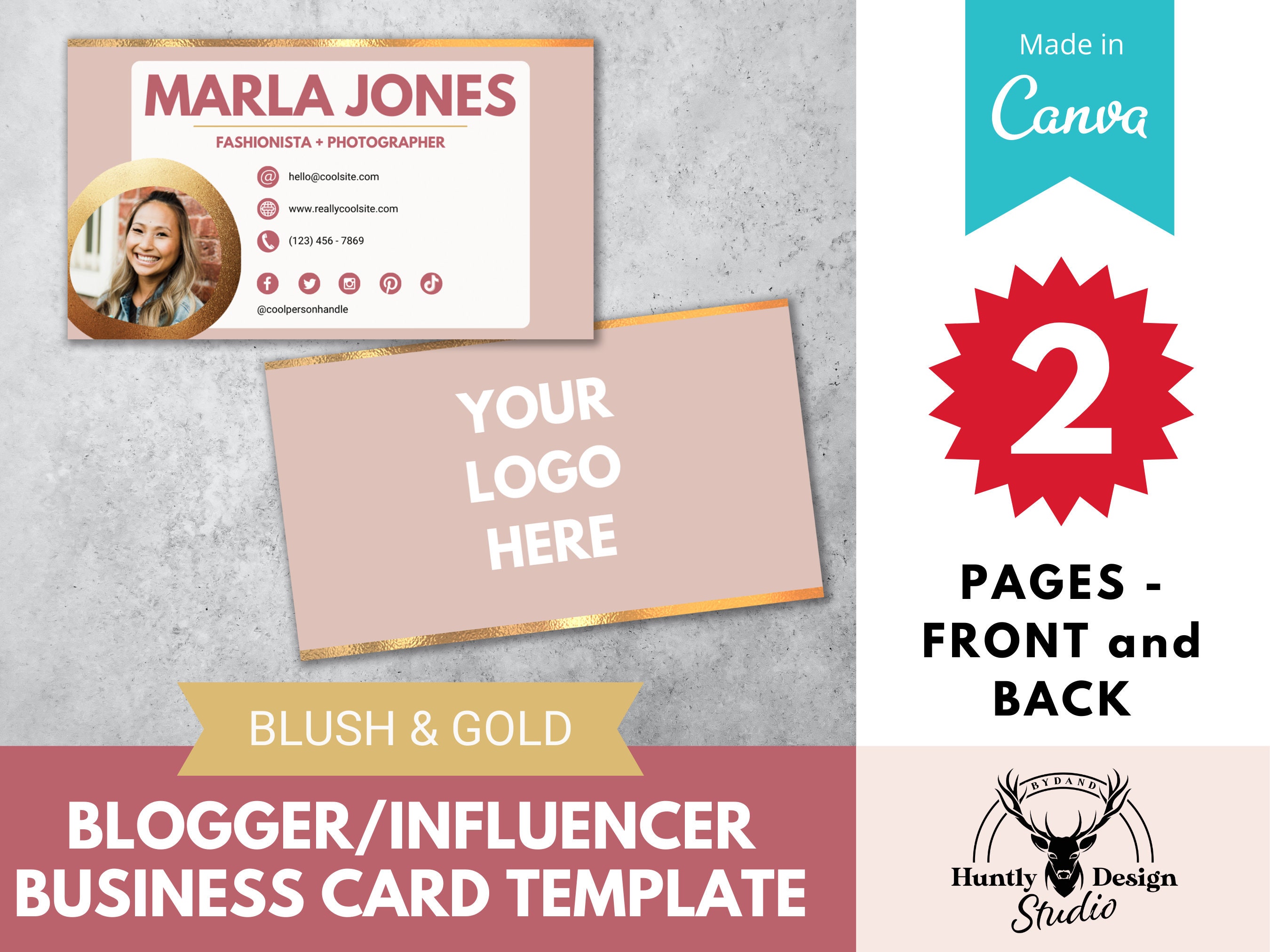 Blogger/influencer Business Card Template for Canva - Blush and Gold ...