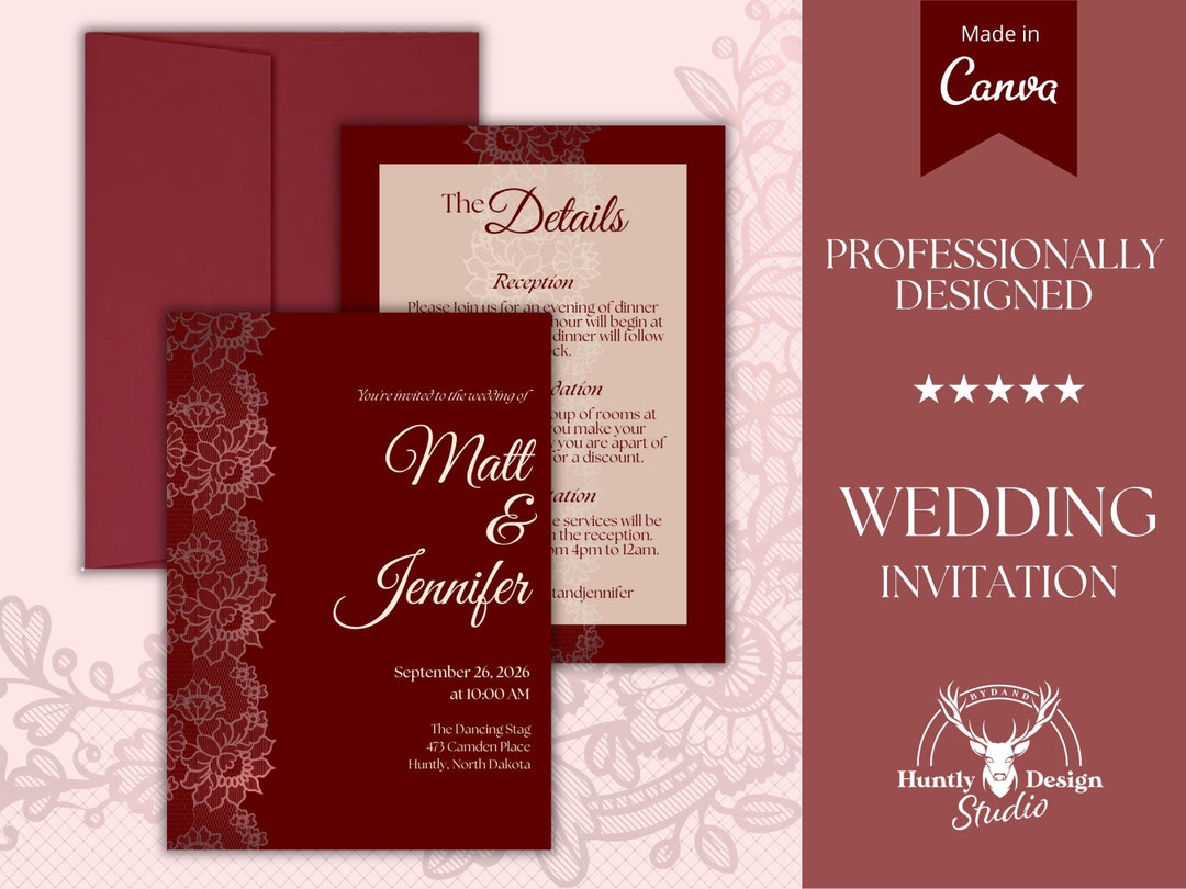 Maroon Lace Wedding Invitation Template, Editable Canva Invitation ...