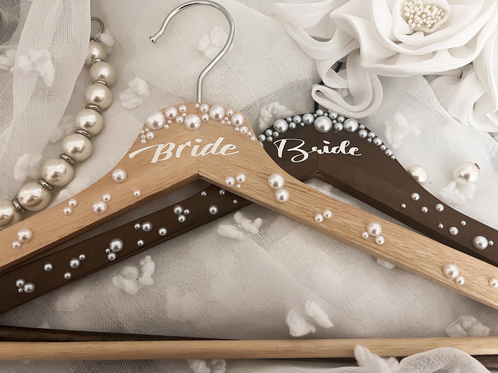 Personalized Pearl Wood Wedding Dress Hanger, Pearl Bride Hanger ...