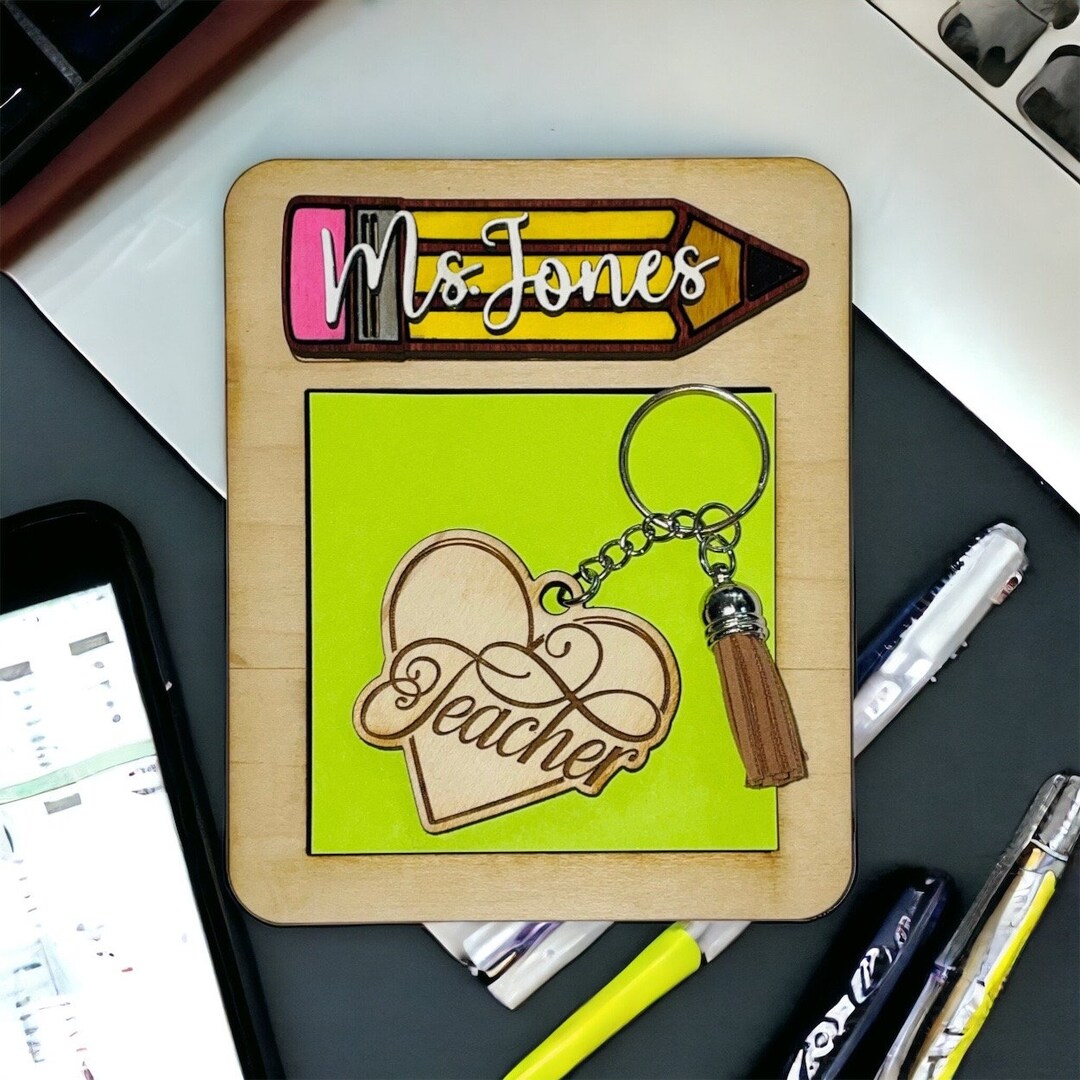 Custom Wooden Pencil Teacher Sticky Note Pad Holder Desk Tray - Teacher ...
