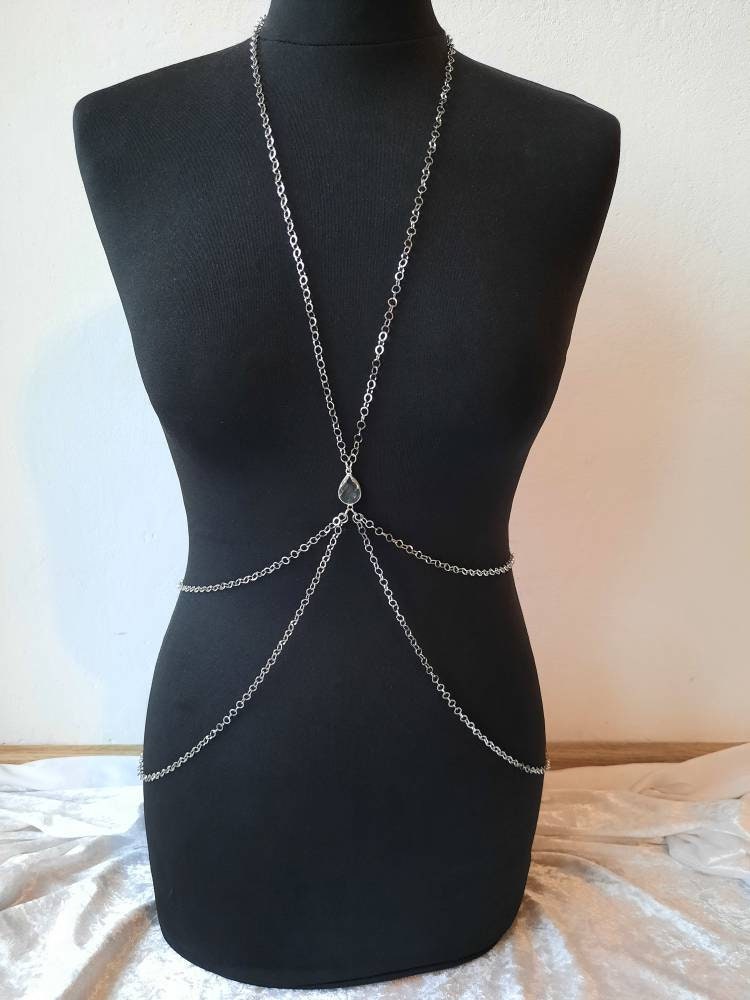 bodychain, harness, crystal, body harness, body jewellery, silver chain ...