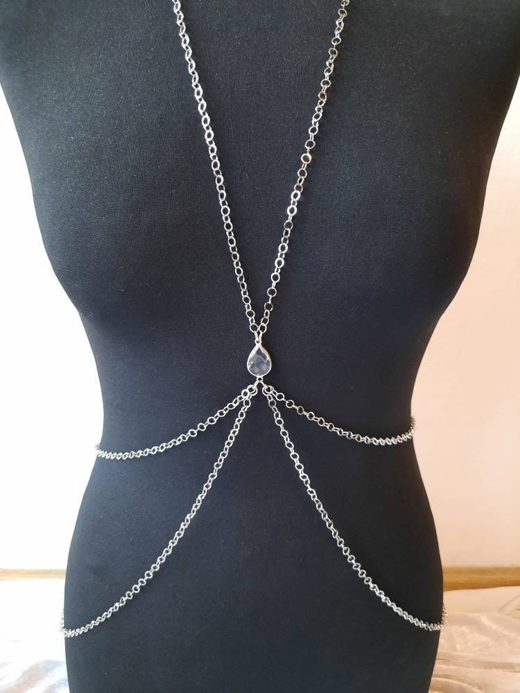 bodychain, harness, crystal, body harness, body jewellery, silver chain ...