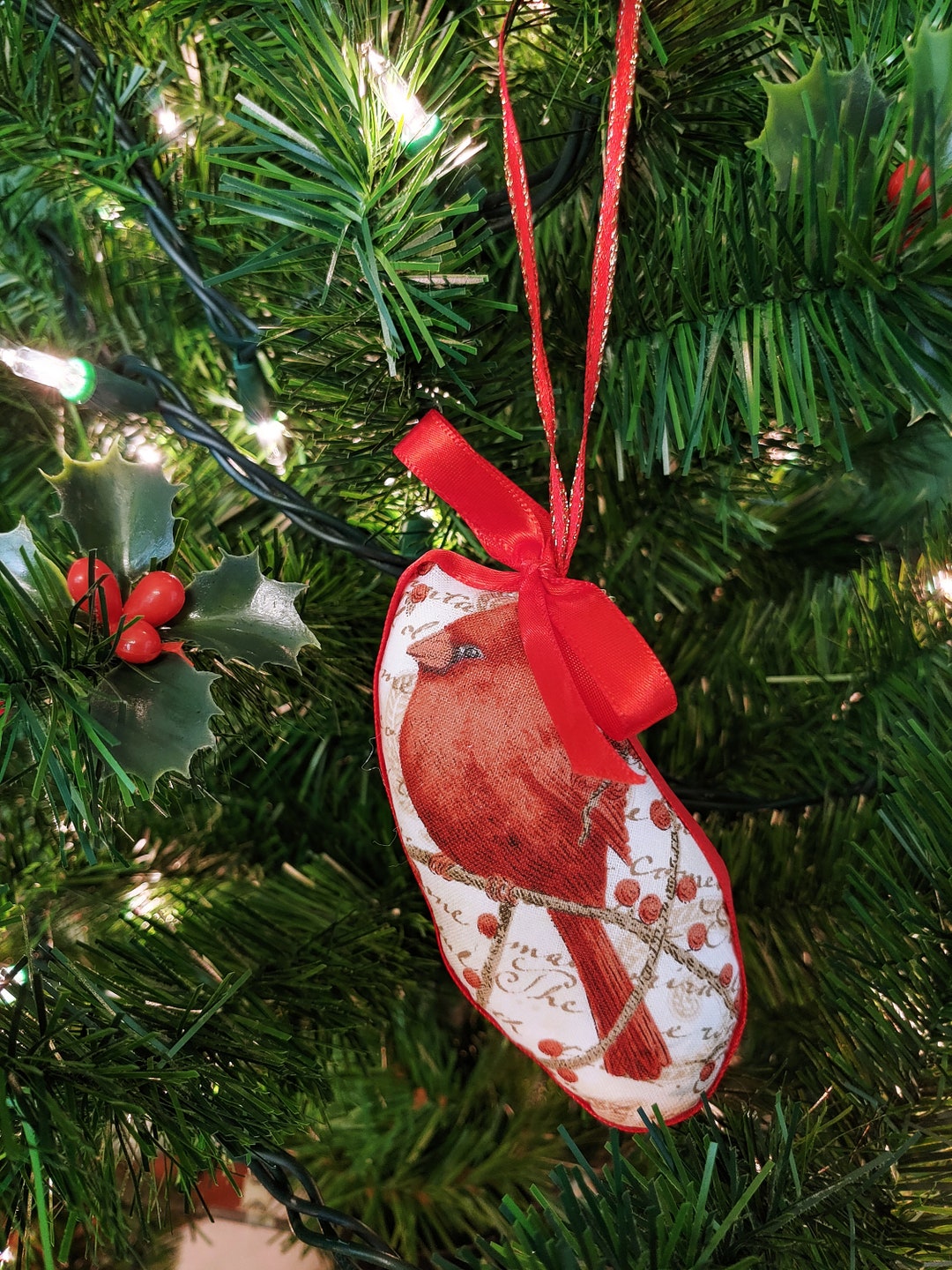 Red Cardinal Bird in the Winterberry Bush Cotton Stuffed Christmas ...