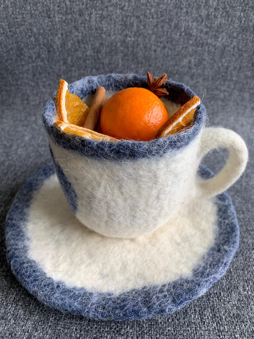 Large Felted White With Blue Tea Cup and Saucer - Etsy
