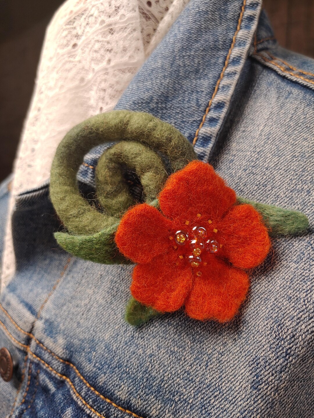 Orange-rusty Flower Felted Brooch Jewelry With Green Leaves and Vine ...