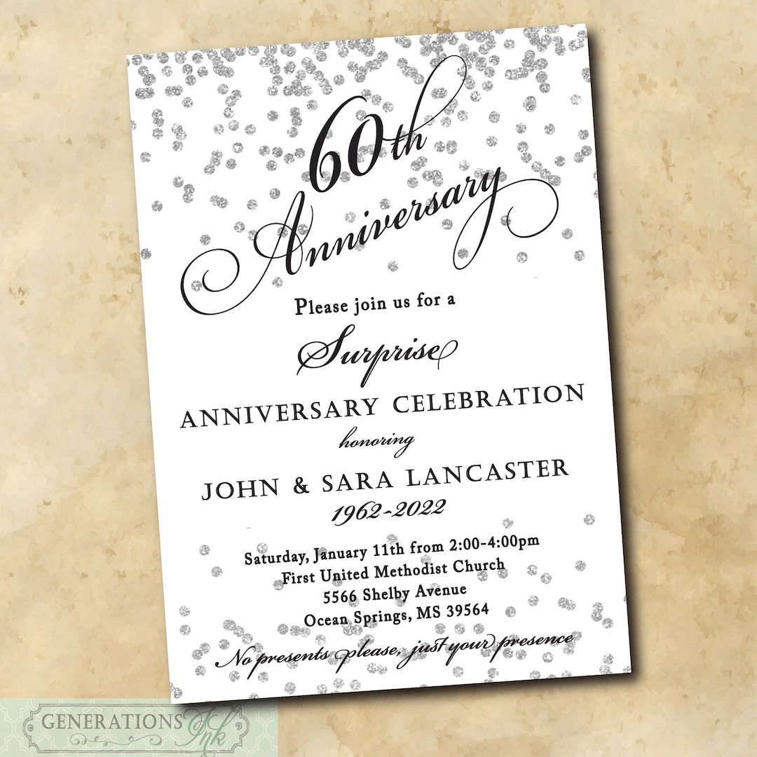 60th Wedding Anniversary Invitation Printable/digital File/silver, 60th ...